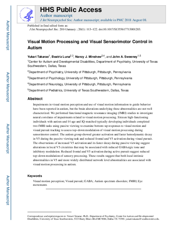 Pdf Visual Motion Processing And Visual Sensorimotor Control In Autism