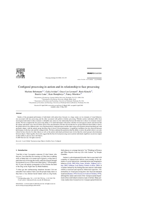 (PDF) Configural processing in autism and its relationship to face processing