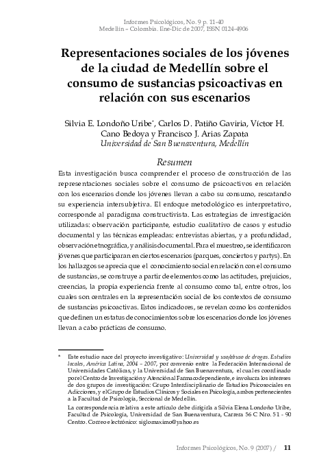(PDF) Representaciones sociales de los jóvenes de la ciudad de Medellín sobre el consumo de ...