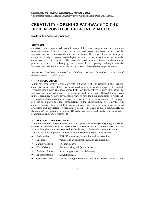 (PDF) Creativity - Opening Pathways To The Hidden Power Of Creative Practice