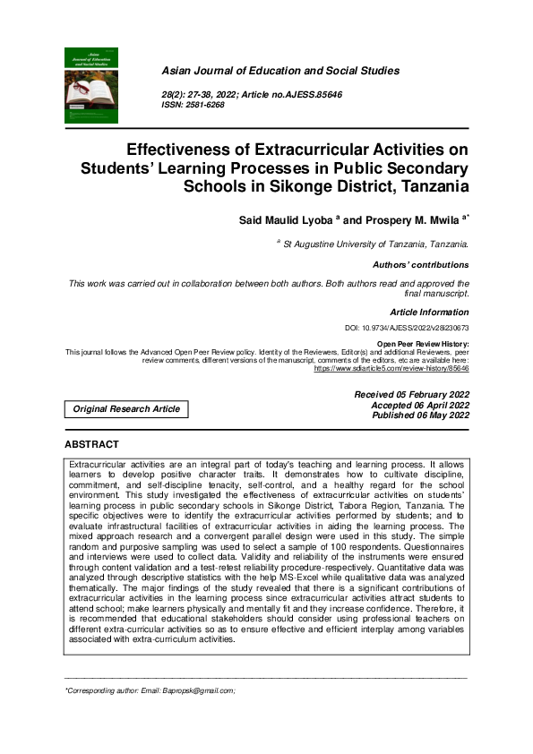 (PDF) Effectiveness of Extracurricular Activities on Students’ Learning Processes in Public ...