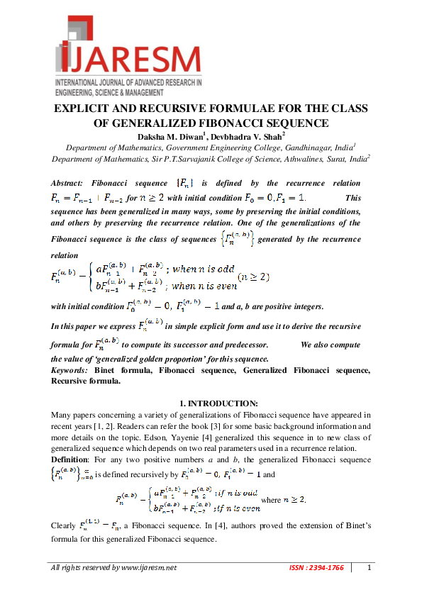 (PDF) Explicit and Recursive Formulae for the Class of Generalized Fibonacci Sequence