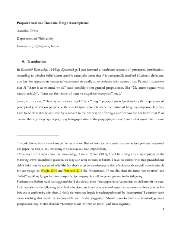 (PDF) Propositional and Doxastic Hinge Assumptions