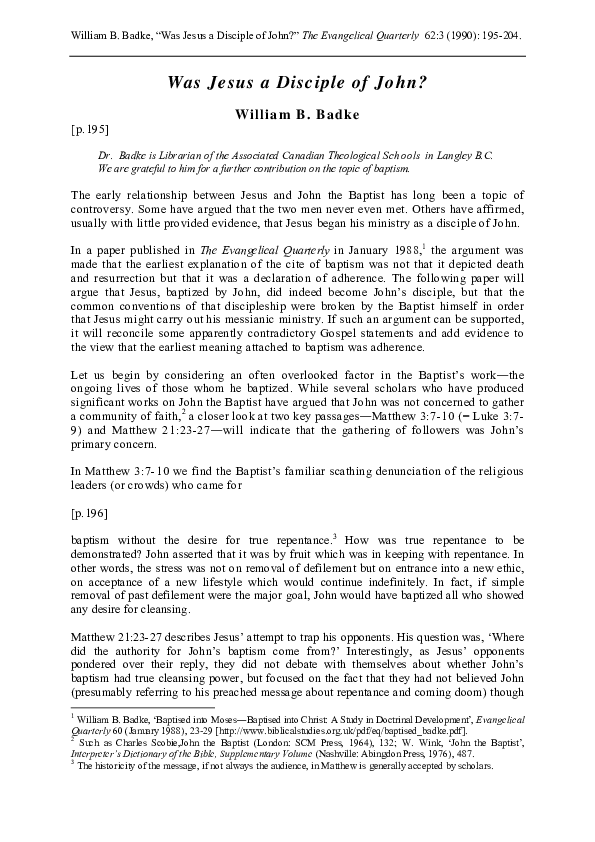 (PDF) Was Jesus a Disciple of John?