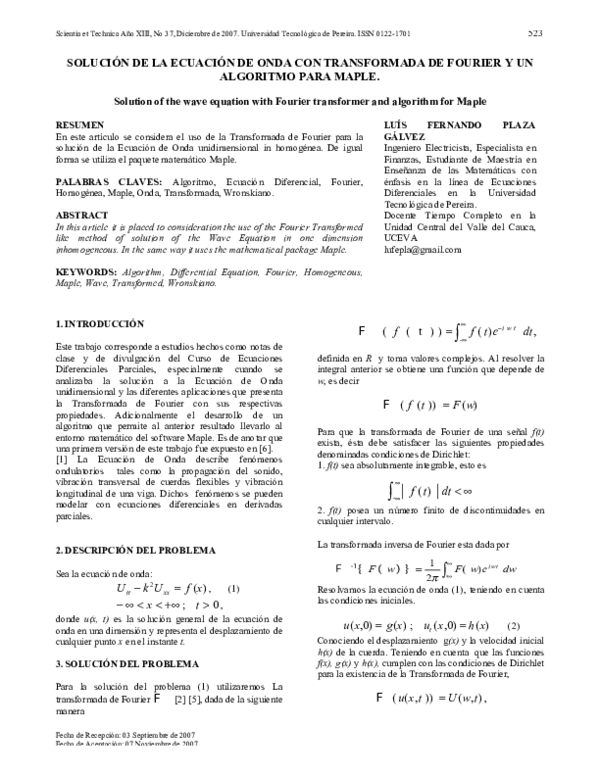 (PDF) Solución de la ecuación de onda con transformada de Fourier y un algoritmo para Maple