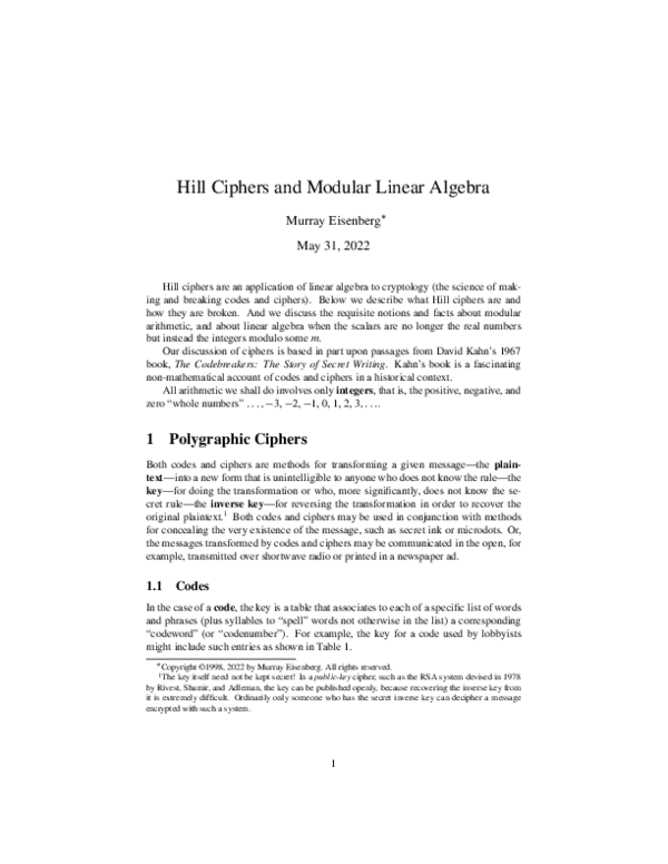 (PDF) Hill ciphers and modular linear algebra