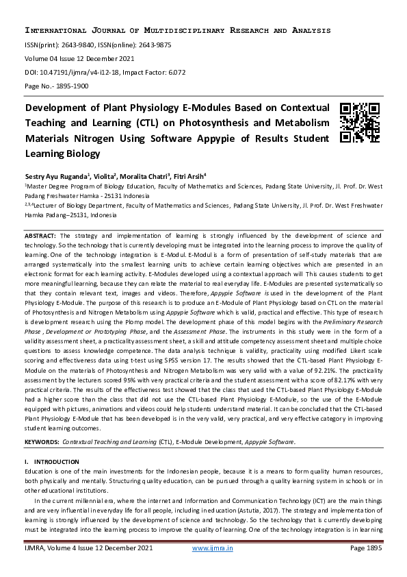 (PDF) Development of Plant Physiology E-Modules Based on Contextual Teaching and Learning (CTL ...