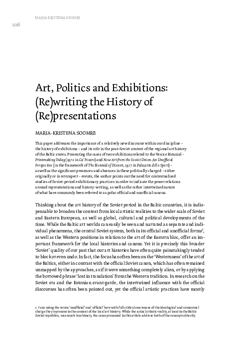 (PDF) Art, Politics and Exhibitions: (Re)writing the History of (Re ...