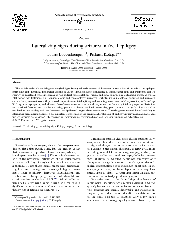 (PDF) Lateralizing signs during seizures in focal epilepsy