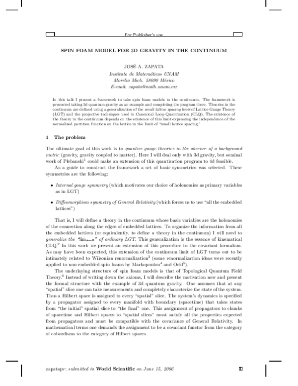 (PDF) Spin Foam Model for 3D Gravity in the Continuum