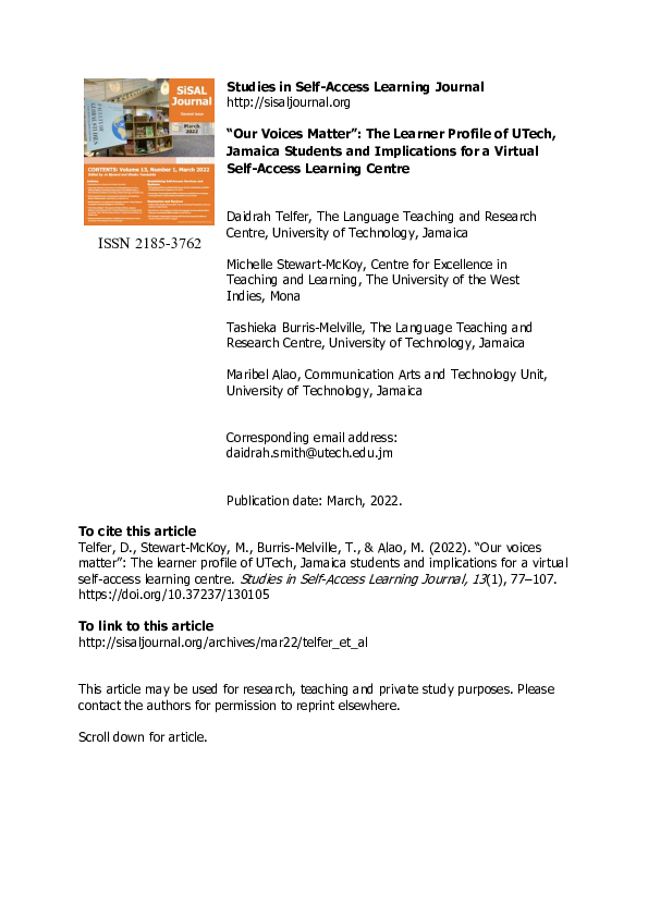(PDF) “Our Voices Matter”: The Learner Profile of UTech, Jamaica Students and Implications for a ...