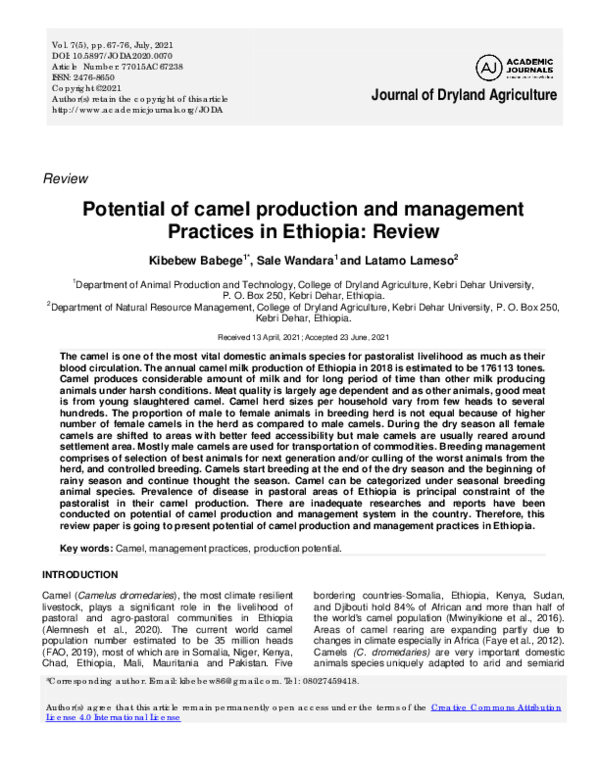 (PDF) Potential of camel production and management Practices in ...