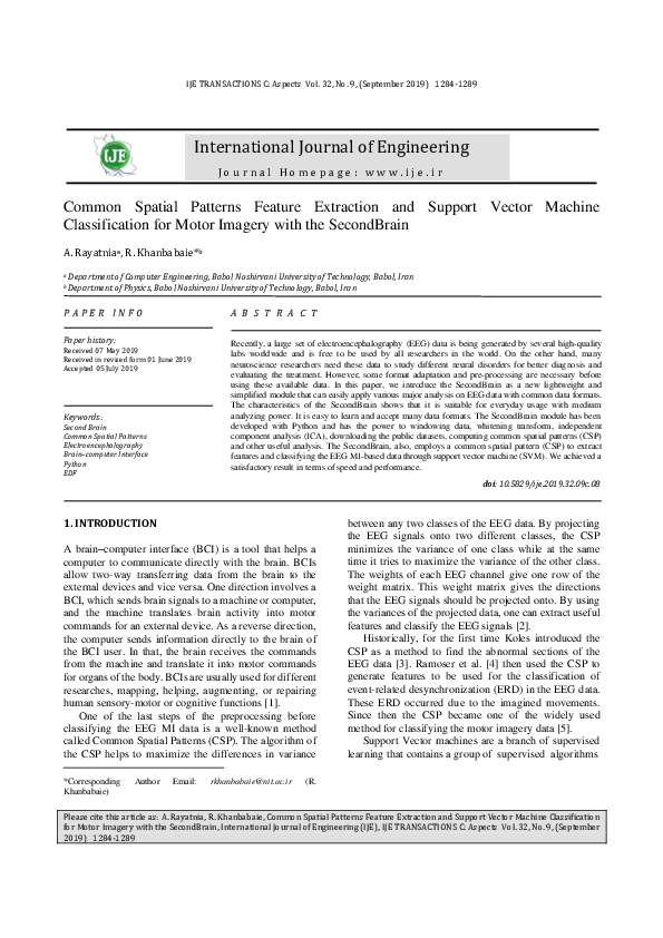 Pdf Common Spatial Patterns Feature Extraction And Support Vector