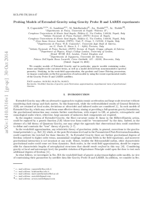 (PDF) Probing Models of Extended Gravity using Gravity Probe B and ...