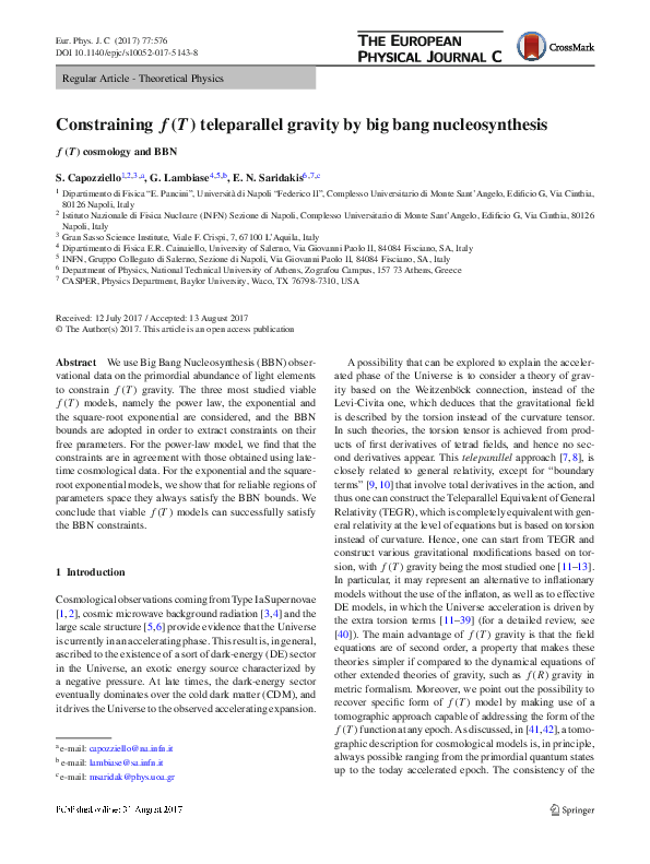 (PDF) Constraining f(T) teleparallel gravity by big bang nucleosynthesis