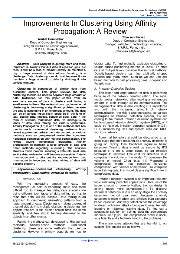 (PDF) Improvements In Clustering Using Affinity Propagation: A Review