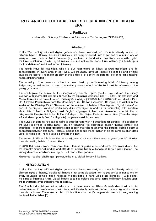 (PDF) Research of the Challenges of Reading in the Digital Era