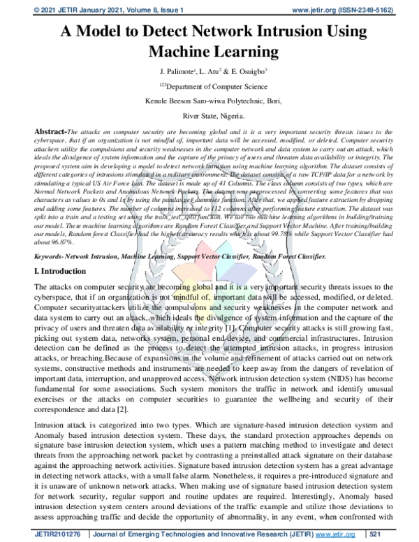 Pdf A Model To Detect Network Intrusion Using Machine Learning