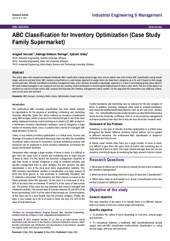 (PDF) ABC Classification for Inventory Optimization (Case StudyFamily Supermarket)