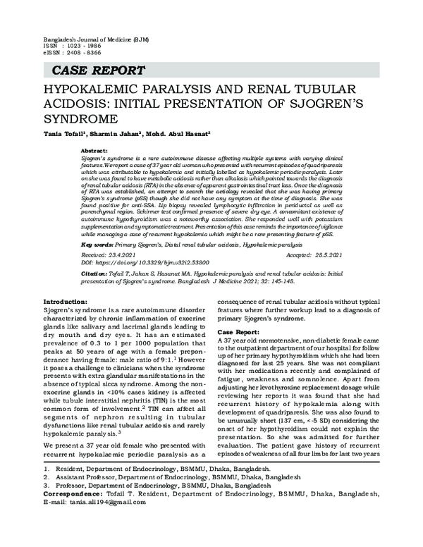 (PDF) Hypokalemic paralysis and renal tubular acidosis: Initial ...