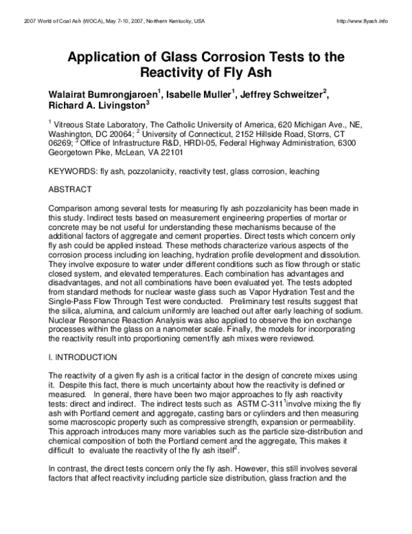 (PDF) Application of Glass Corrosion Tests to the Reactivity of Fly Ash