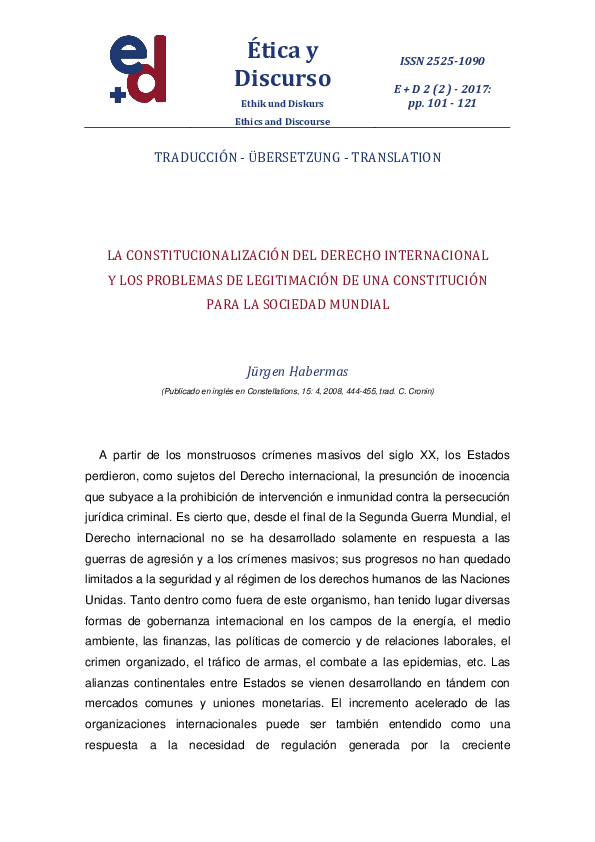 (PDF) J. Habermas: La constitucionalización del derecho internacional y los problemas de ...