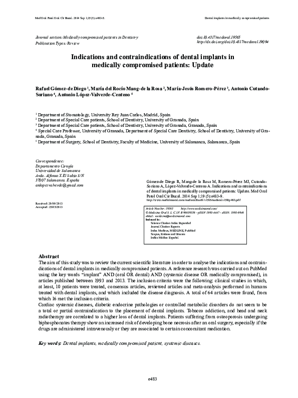 (PDF) Indications and contraindications of dental implants in medically ... (PDF) Indications and contraindications of dental implants in medically ...