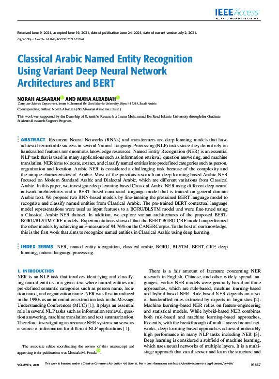 Pdf Classical Arabic Named Entity Recognition Using Variant Deep