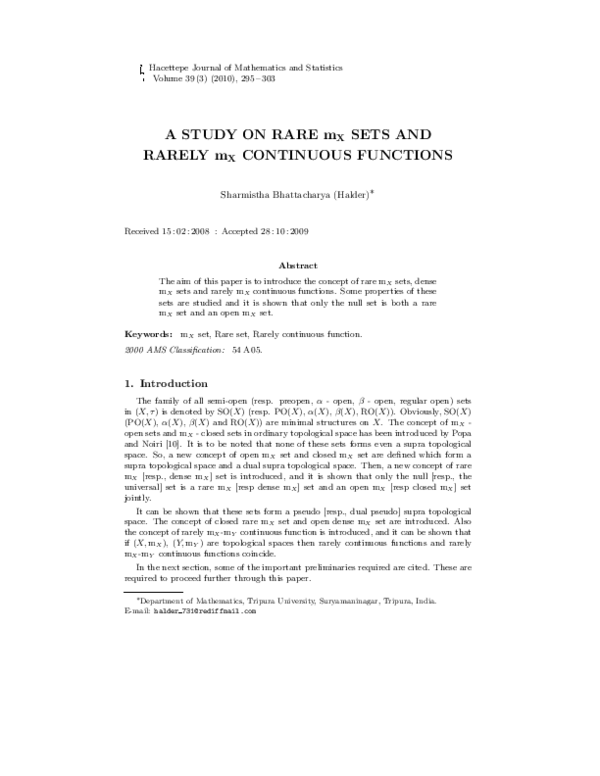 (PDF) A STUDY ON RARE mX SETS AND RARELY mX CONTINUOUS FUNCTIONS