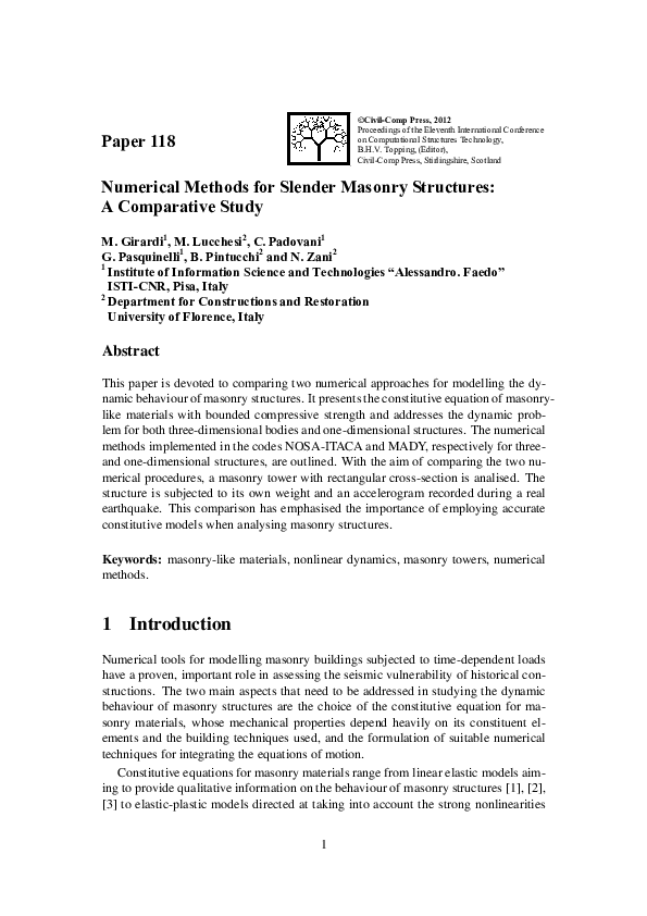(PDF) Numerical Methods for Slender Masonry Structures: A Comparative Study
