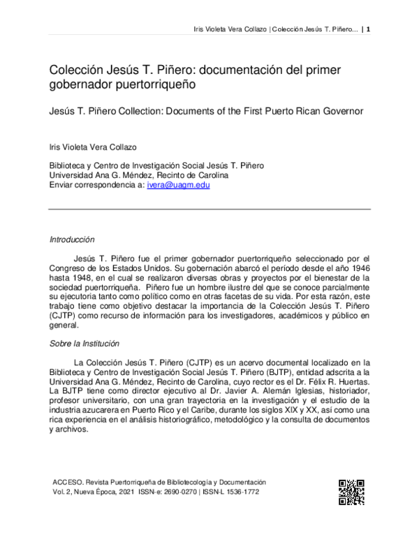 (PDF) Colección Jesús T. Piñero: documentación del primer gobernador ...