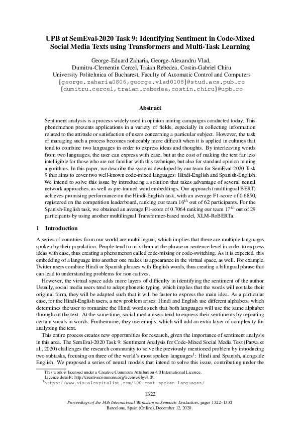 Pdf Upb At Semeval 2020 Task 9 Identifying Sentiment In Code Mixed Social Media Texts Using