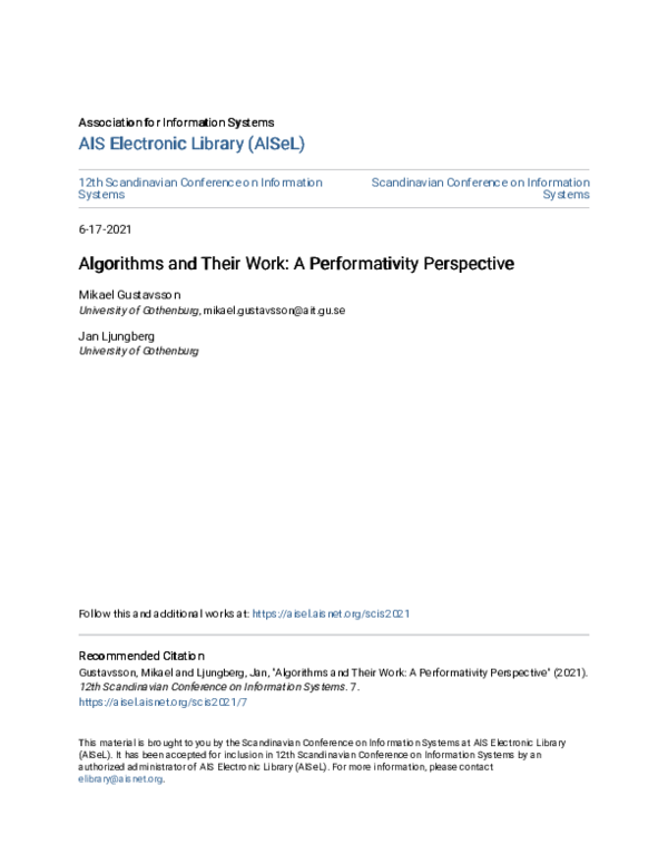 (PDF) Algorithms and Their Work: A Performativity Perspective