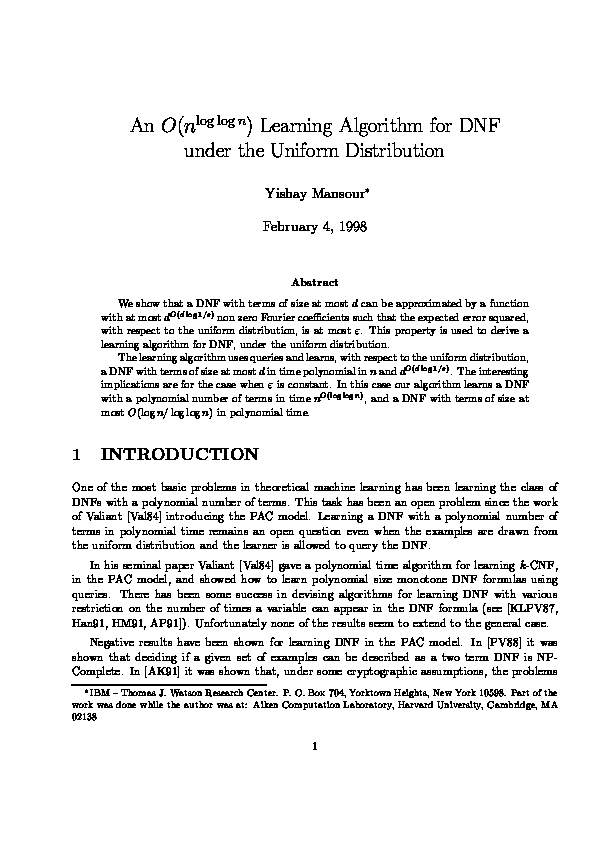 (PDF) An O(nlog log n) Learning Algorithm for DNF under the Uniform ...