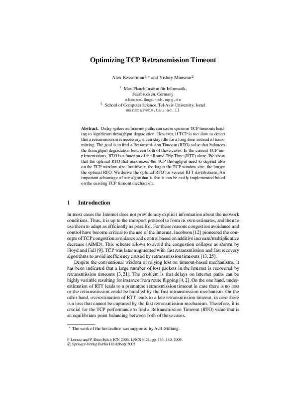 (PDF) Optimizing TCP Retransmission Timeout | Yishay Mansour - Academia.edu (PDF) Optimizing TCP Retransmission Timeout | Yishay Mansour - Academia.edu