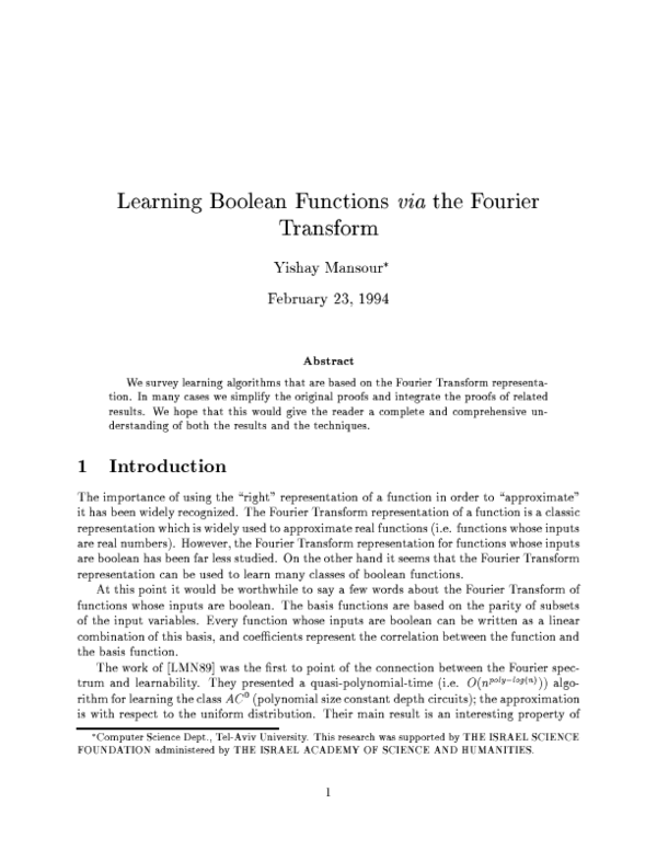 Pdf Learning Boolean Functions Via The Fourier Transform