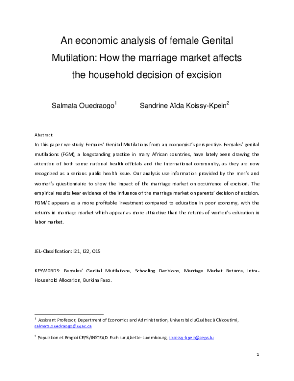 (PDF) An economic analysis of female Genital Mutilation: How the marriage market affects the ...