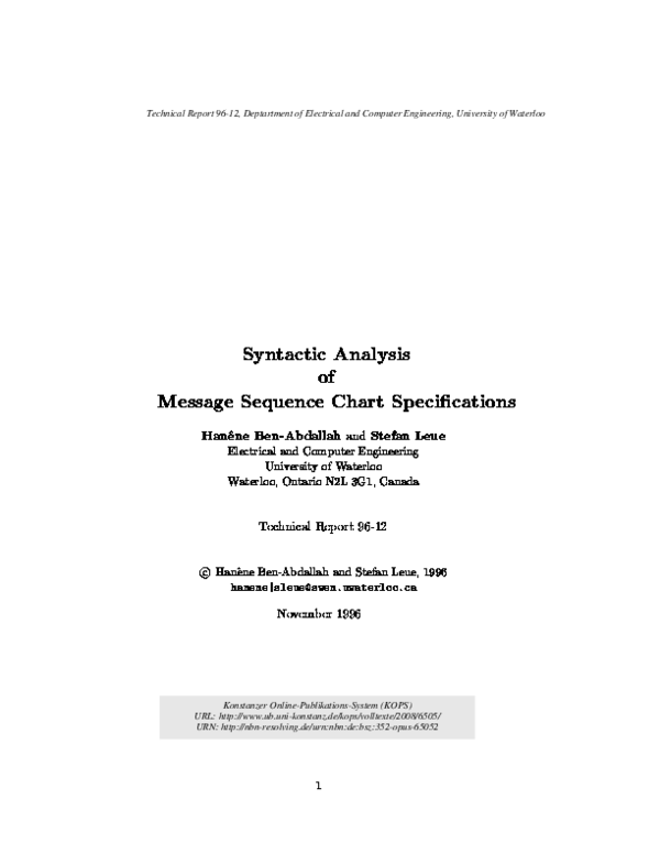 (PDF) Syntactic analysis of message sequence chart specifications | Stefan Leue - Academia.edu