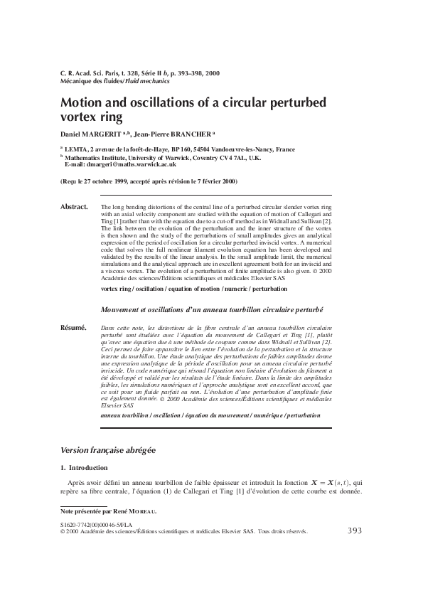 (PDF) Motion and oscillations of a circular perturbed vortex ring