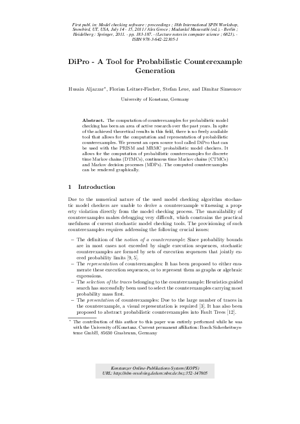 (PDF) DiPro - A Tool for Probabilistic Counterexample Generation