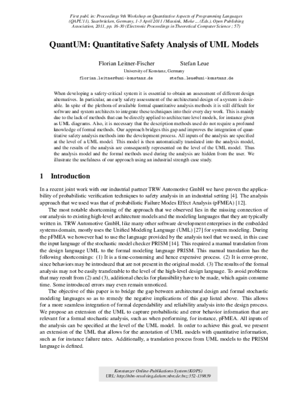 Pdf Quantum Quantitative Safety Analysis Of Uml Models