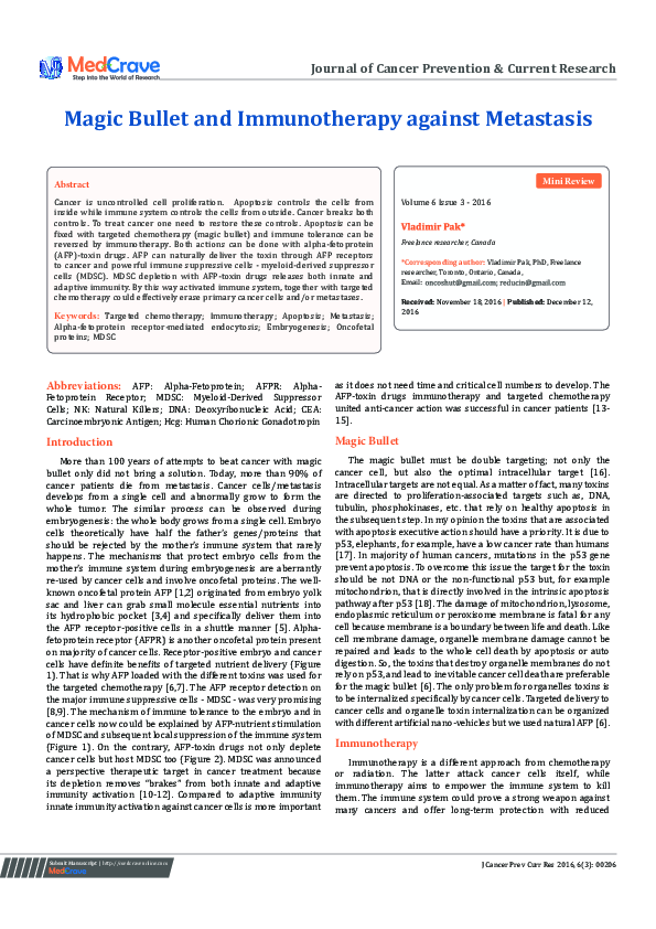 (PDF) Magic Bullet and Immunotherapy against Metastasis | Vladimir Pak ...