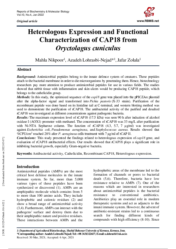 (PDF) Heterologous Expression and Functional Characterization of CAP18 from Oryctolagus cuniculus