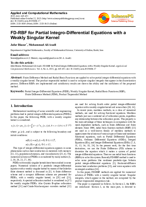 (PDF) FD-RBF for Partial Integro-Differential Equations with a Weakly Singular Kernel