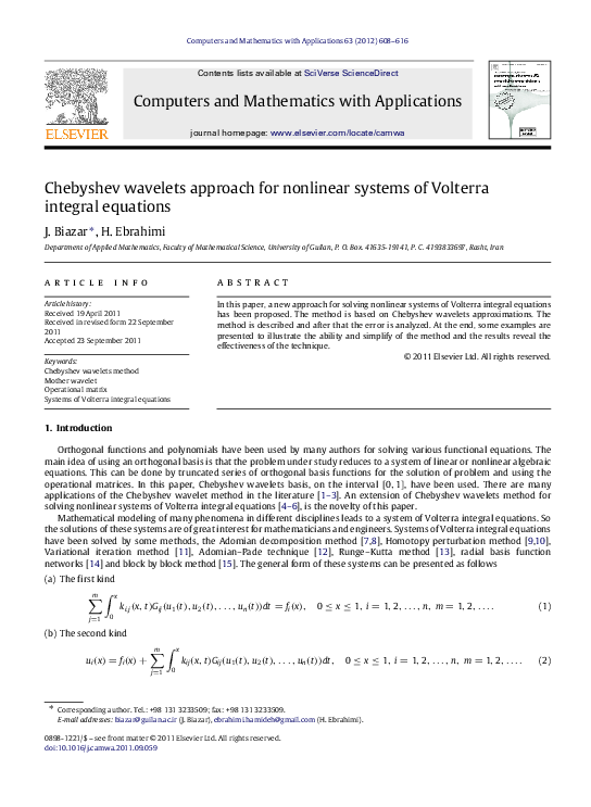 Pdf Chebyshev Wavelets Approach For Nonlinear Systems Of Volterra Integral Equations