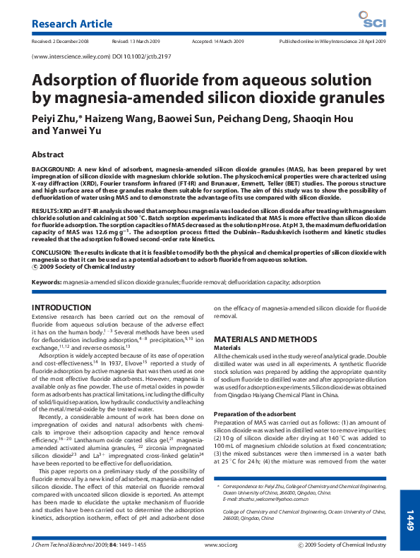 (PDF) Adsorption of fluoride from aqueous solution by Bio-F sorbent: a ...