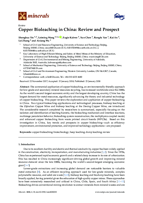 (PDF) Copper Bioleaching in China: Review and Prospect