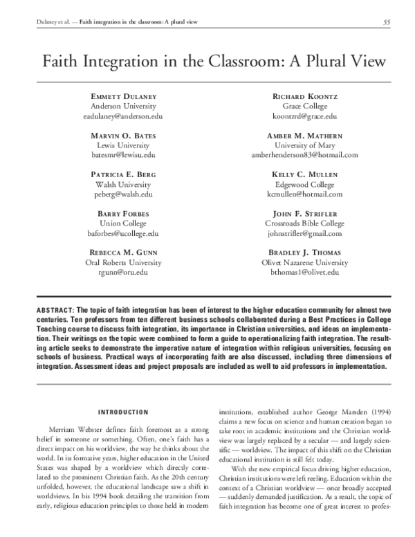 (PDF) Faith Integration in the Classroom: A Plural View