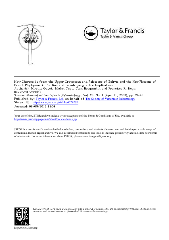 (PDF) New characoids from the Upper Cretaceous and Paleocene of Bolivia ...