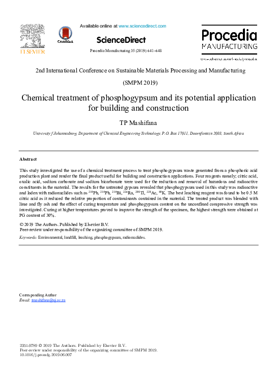 (PDF) Chemical treatment of phosphogypsum and its potential application ...